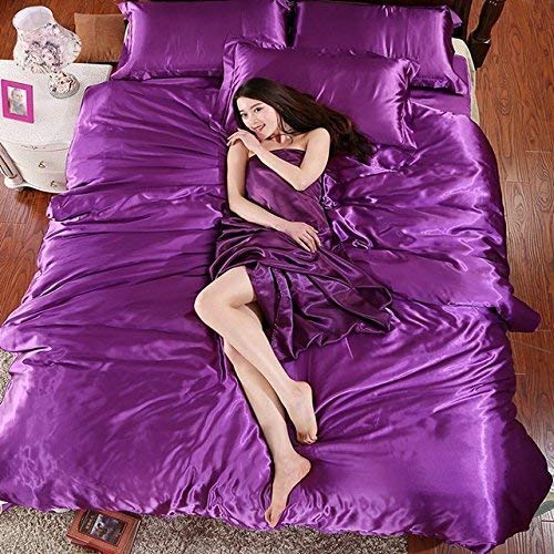 Muskan Collection in Luxurious Soft Satin 5 Piece (1 Flat Sheet + 1 Fitted Sheet + 1 Duvet Cover + 2 Pillow Cases) Bed Sheet Set with 18 inches Deep Pocket (Queen, Purple)