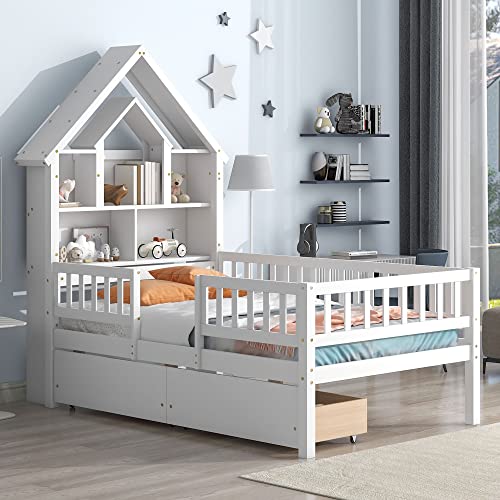 OPTOUGH Twin Size House-Shaped Storage Headboard Bed,Wooden Bedframe with Full Length Fence Guardrails and Drawers for Kids Teens,No Spring Box Needed,White