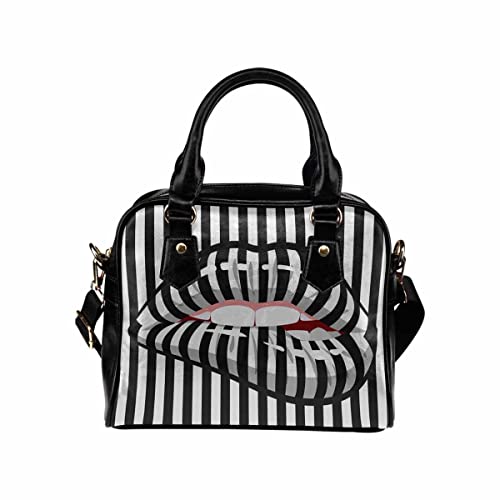 D-Story Lips Black And White Striped Handbags for women Textured Leather Shoulder Bag Purse Handbag with Zipper