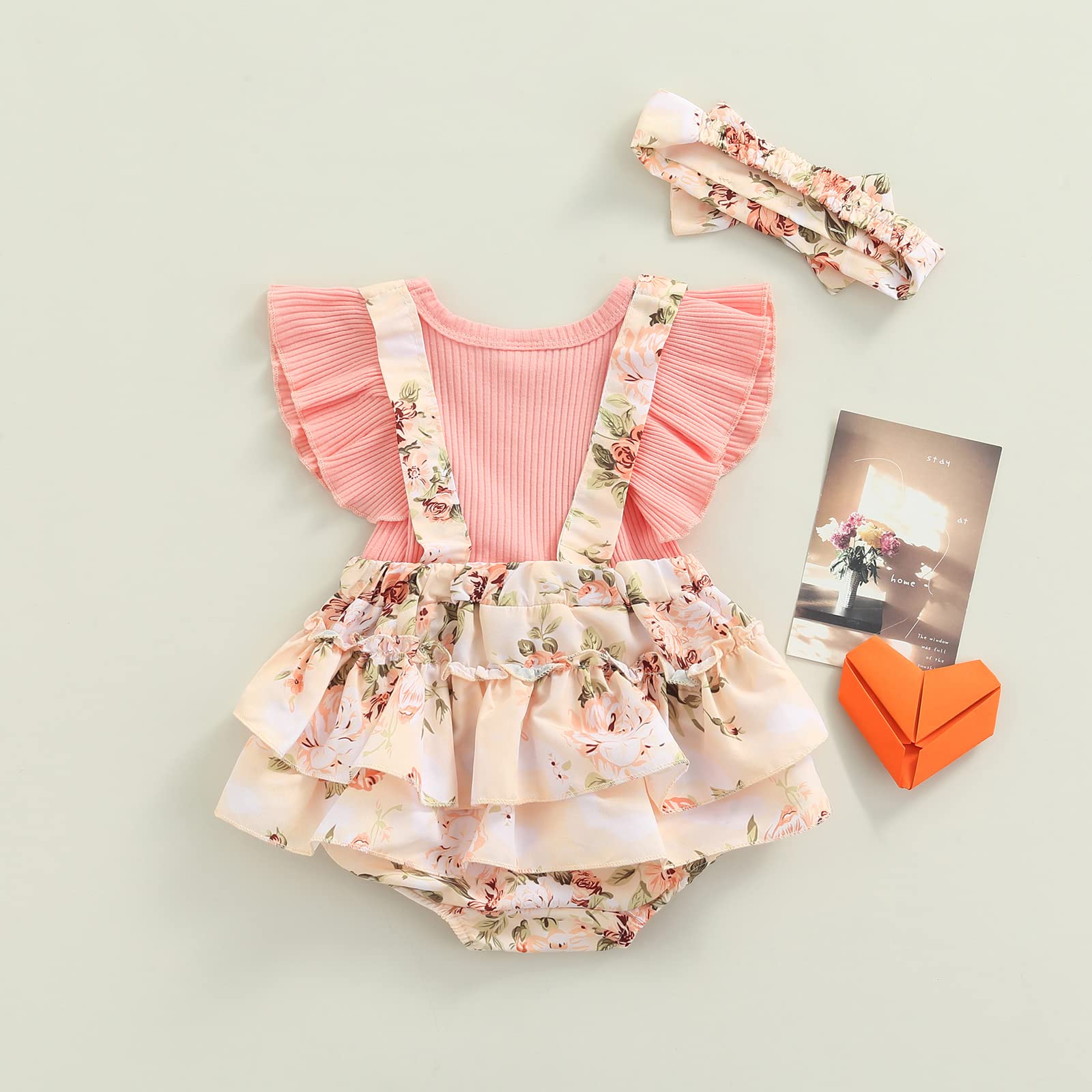 MERSARIPHY Newborn Baby Girl Summer Clothes Cotton Linen Romper Floral Bodysuit Tops With Headband (Pink, 0-3 Months)
