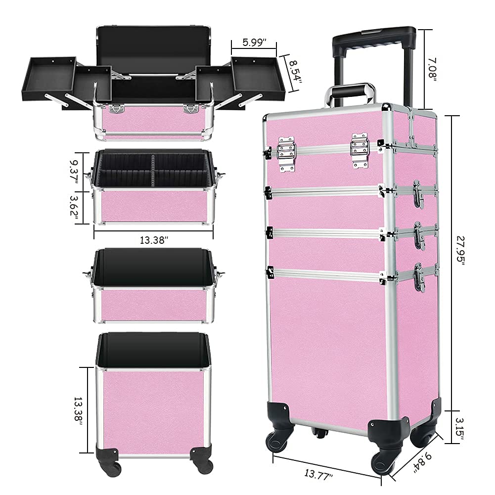 Cosmetic Rolling Makeup Train Case 4 in 1, Make Up Box Travelling Professional, Cosmetology Case on Wheels Pink Black Silver for Cosmetic, Hairstylist, Nail Technician, Tattoo