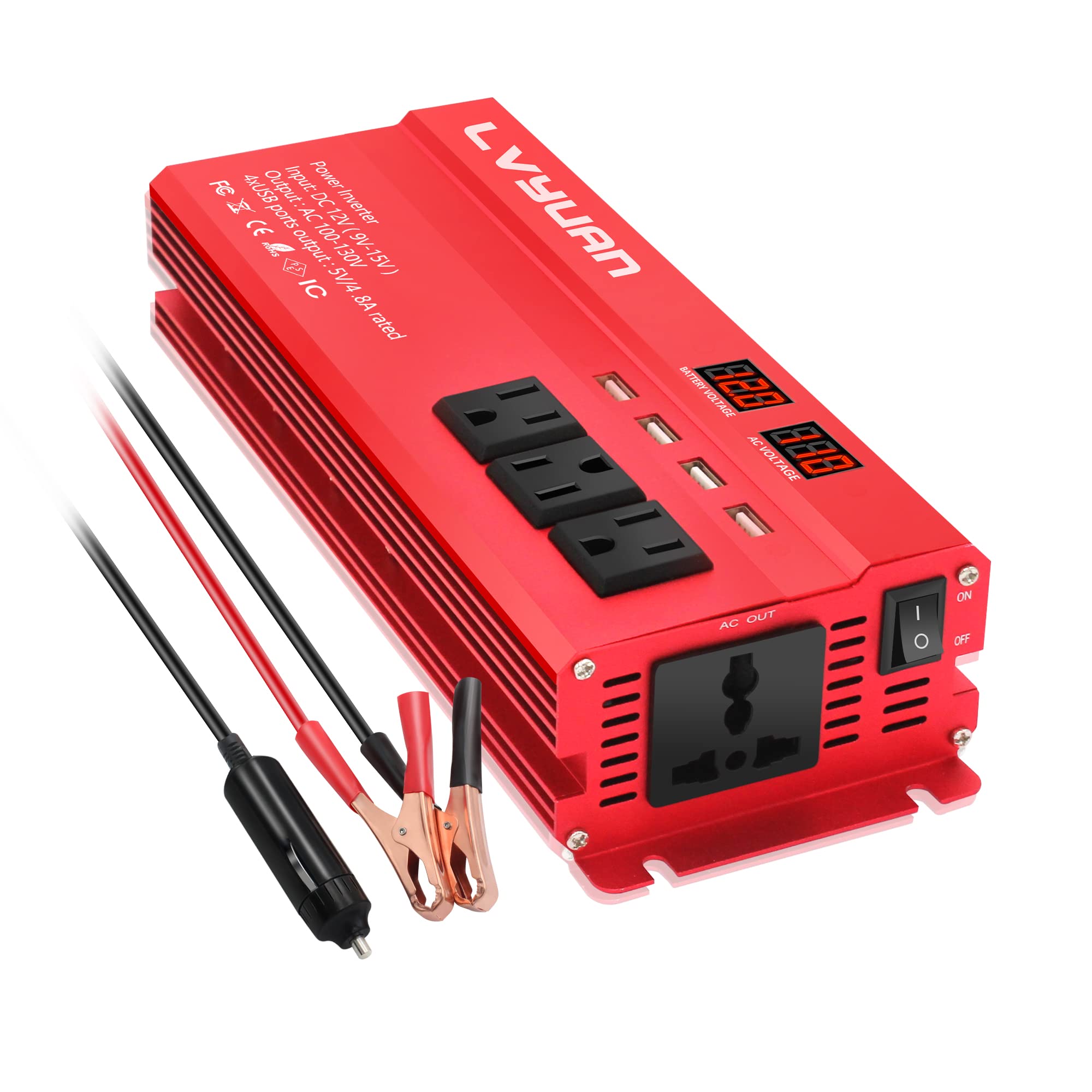 Cantonape 1000W/2000W(Surge) Car Power Inverter DC 12V to 110V AC with 4 Outlets, 4 USB Ports and Input/Output LED Display - Black
