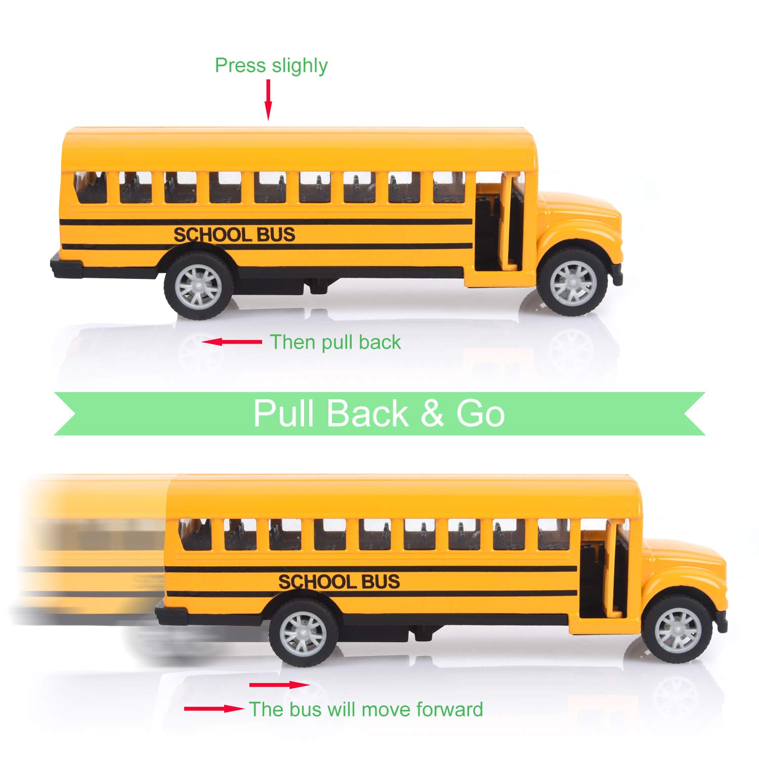 Think Wing School Bus Toy for Toddlers - 5 Inch 2 Set Die-cast Play Vehicles Pull Back car for Kids
