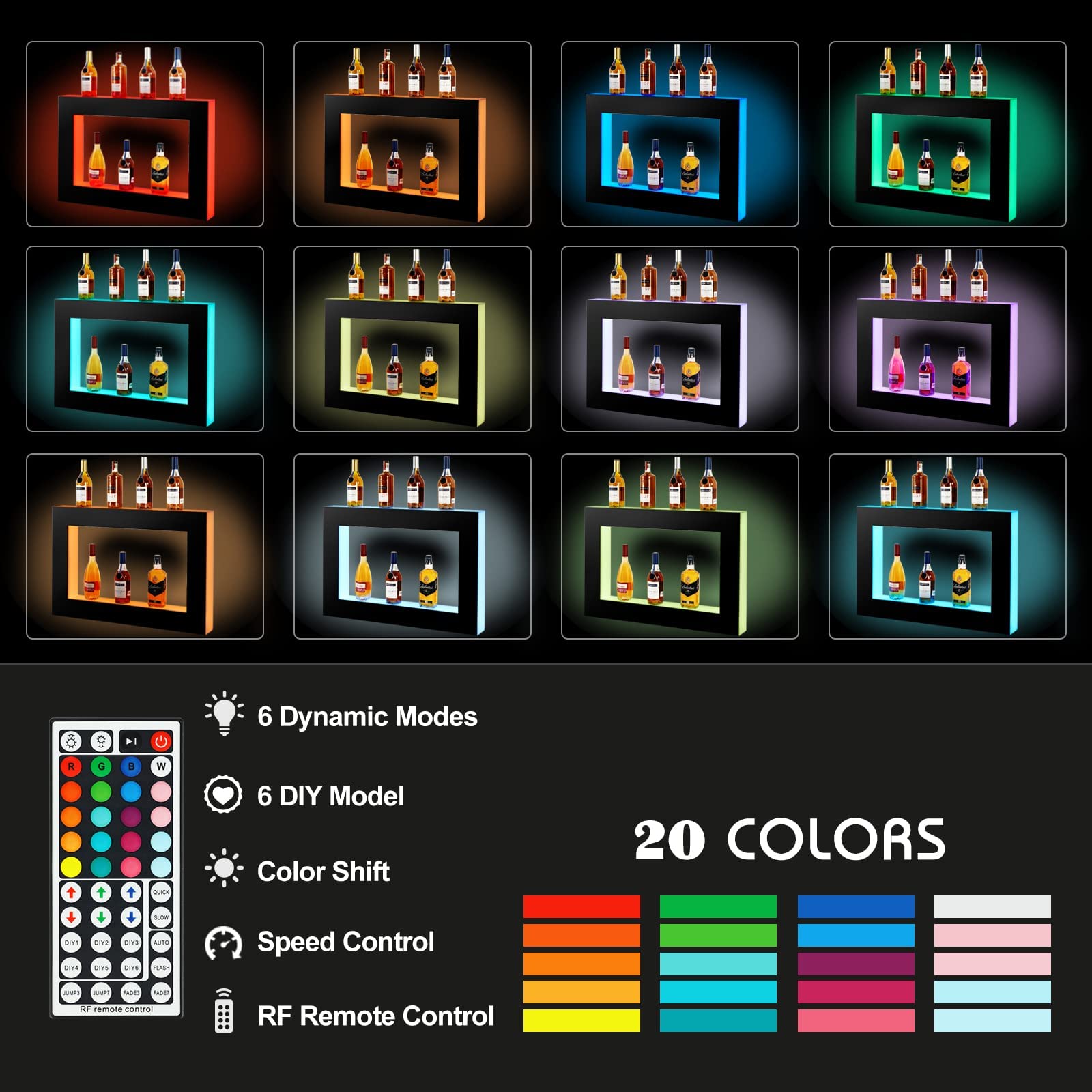 COSVALVE 3 Step Lighted Liquor Bottle Display Shelf, 16 Inch 20 Color Illuminated Bar Bottle Shelf 3-Tier Commercial Home Bar Bottle Display Drinks Acrylic Lighting Shelves with 44-Key Remote Control