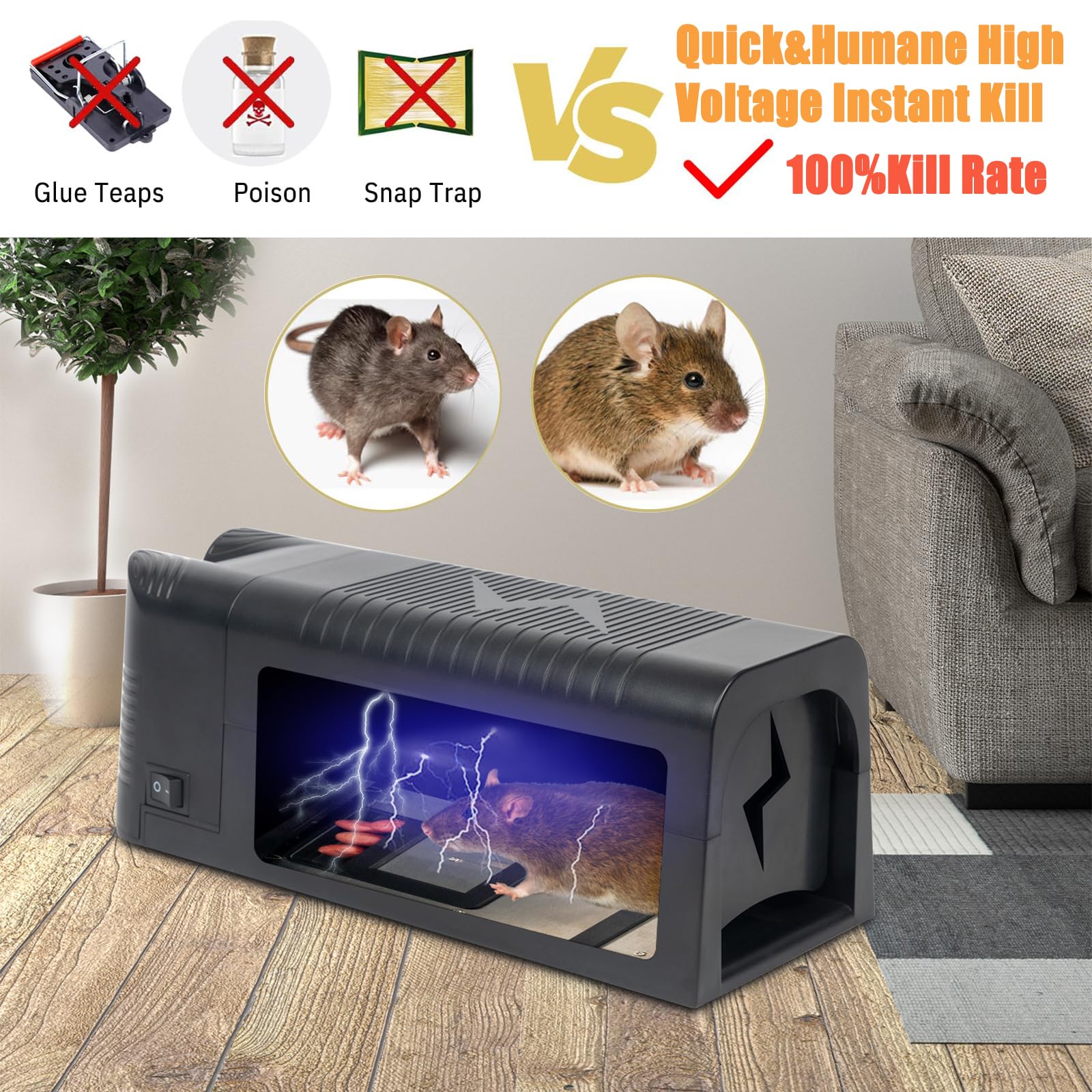 Electric Mouse Trap Zapper,Humane Indoor Mouse Traps for Home- Safe & Effective Mice Traps for House Indoor Kill- Rat Zapper Reusable and No Touch (Black)