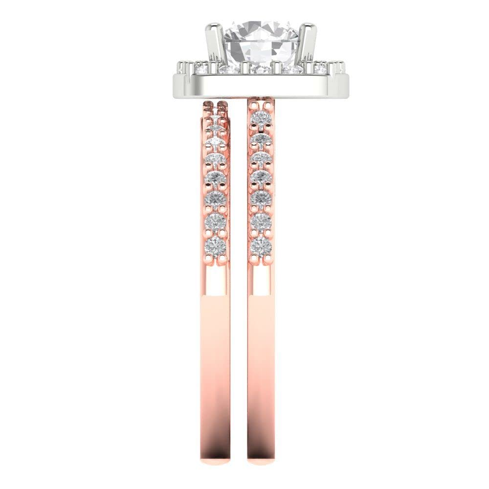 Clara Pucci 1.58 Carat Round Cut Clear VVS1 Ideal Zircon 14k Rose White Gold Halo with Accents Wedding Anniversary Ring Band Set, Size - 9
