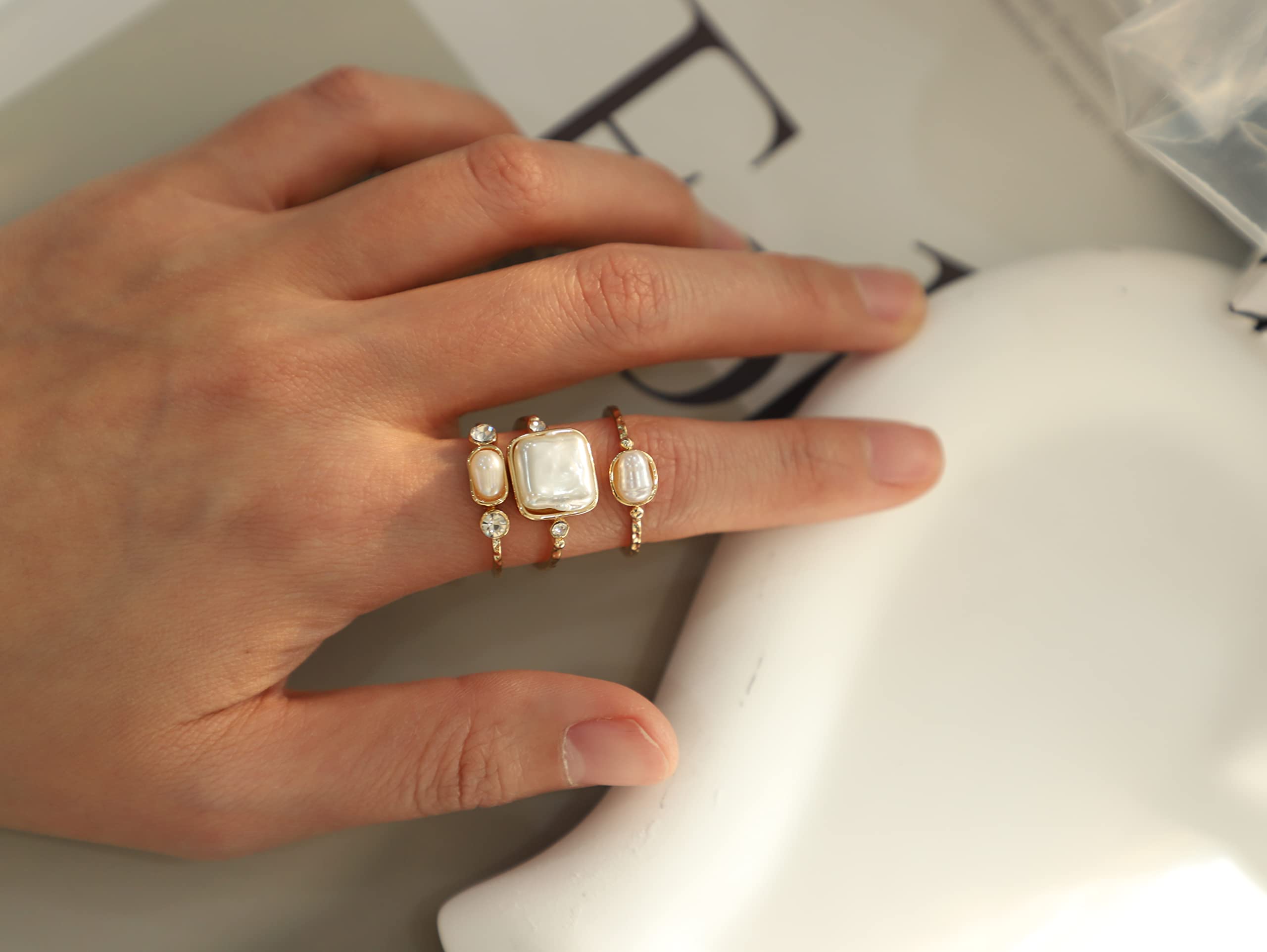 Donabus Organic Pearl Ring Set with Hammered Metal Texture 90's Ring Pack Gold and Pearl Ring Cocktail Ring Pretty Pearl Resin Ring