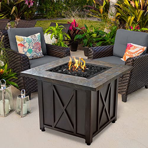 Endless Summer 30 Inch Square 30,000 BTU Liquid Propane Gas Outdoor Fire Pit Table w/Push Button Ignition, Black Fire Glass, & Steel Fire Bowl, Black