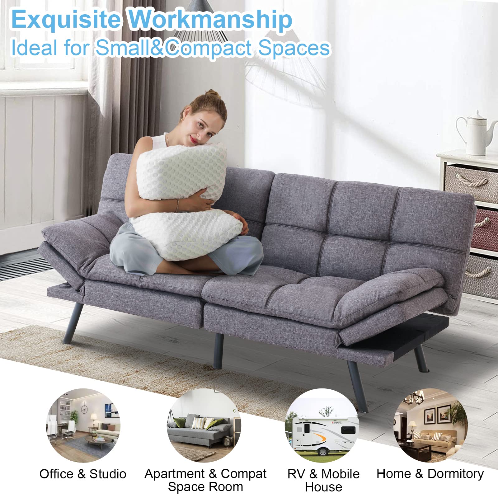 MUUEGM Futon Sofa Bed Fabric Grey Futon Convertible Couch Bed,Memory Foam Futon Sofa Sleeper,Modern Loveseat Sofa,Adjustable Lounge Couch,Full Size Futon for Apartment Office Living Room