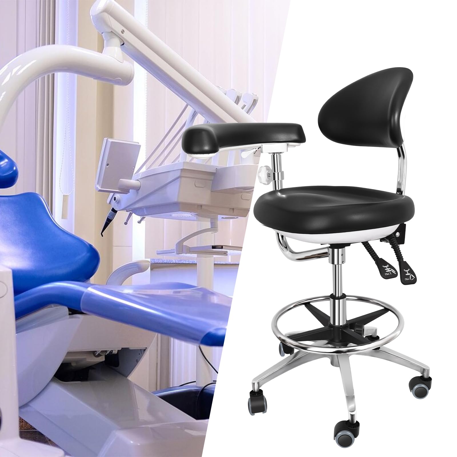 Helivivfy Dental Assistant Chair,Dentist Chair with 360° Rotation Armrest,Dental Stool with Adjustable Backrest and Height Soft PU Leather Black