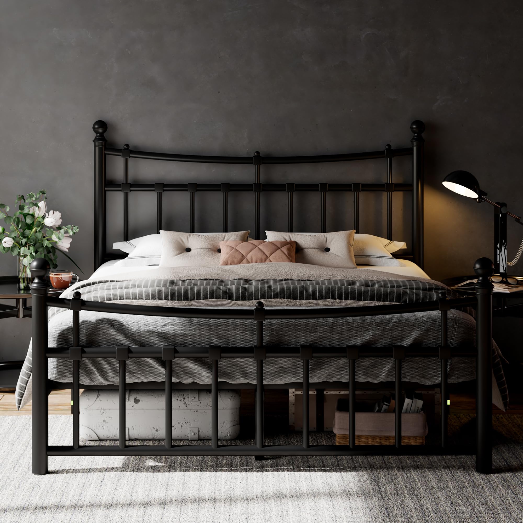 Feonase Queen Size Metal Bed Frame with Modern Iron-Art Headboard & Footboard, Platform Bed Frame with 12" Storage Space, Hardened Steel Slats, No Box Spring Needed, Black