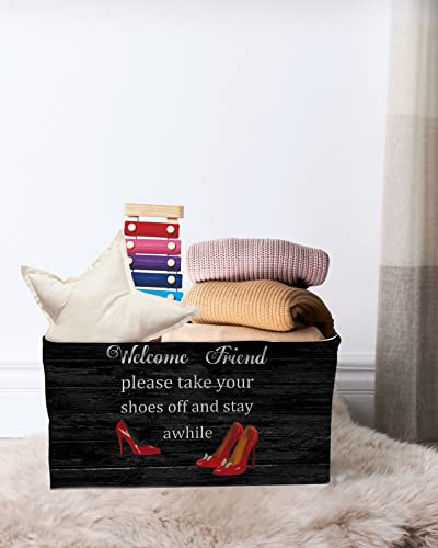 Cube Storage Bins Cloth Towel Organizer Welcome Friend Please Take Your Shoes off and Stay Awhile Red High Heels Black Wooden Fabric Collapsible Storage Baskets with Handles 1 Pack