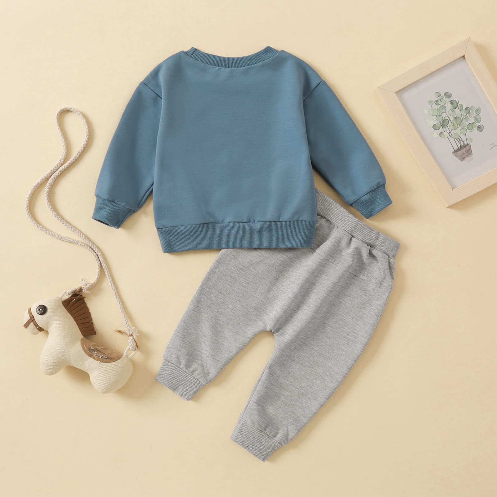 Fepege Toddler Baby Boy 2Pcs Outfits Long Sleeve Letter Print Sweatshirt Pullover Long Drawstring Trousers Fall Winter Clothes Set (Blue, 0-6 Months)