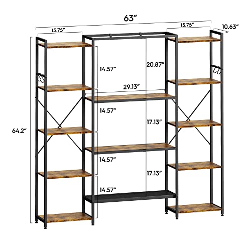 Iaocpio Triple Wide 5 Tiers Bookshelf with 6 Hooks, 13 Open Bookshelves for Bedroom, Living Room, Kitchen, Study and Home Office.