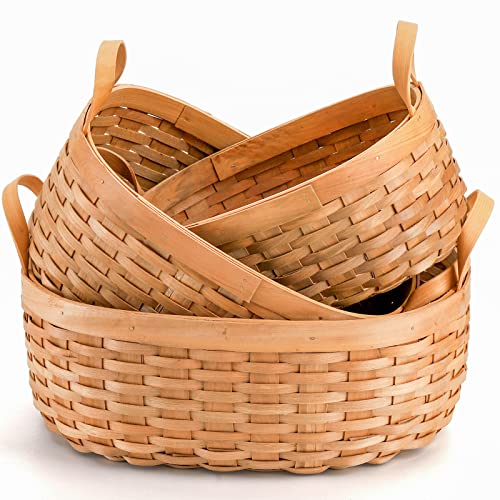 Elsjoy Set of 3 Wood Woven Storage Basket with Handles, Oval Fruit Bread Basket Organizer Rustic Rattan Nesting Basket Bin for Living Room, Bathroom, Kitchen, Home Decor