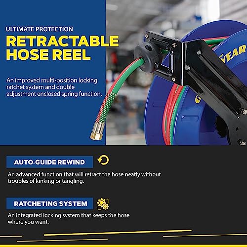 Goodyear Welding Hose Reel Retractable 1/4" Inch x 50’ Foot Twin Oxygen Acetylene Rubber Hoses STD Duty Max 300PSI Heavy Duty Industrial Single Arm Construction