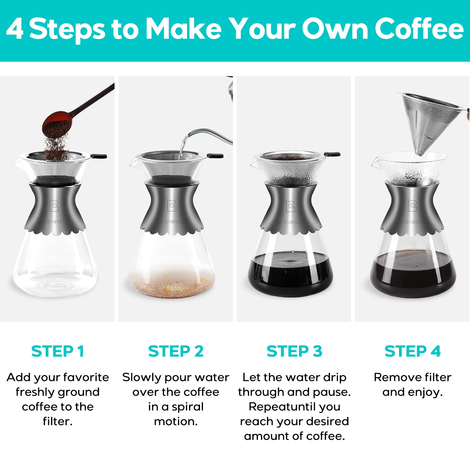 CASABREWS Pour Over Coffee Maker, Coffee Dripper Brewer with Reusable Stainless Steel Filter, 8 Cup Heat Resistant Glass Coffee Carafe, Elegant Coffee Brewer, Black