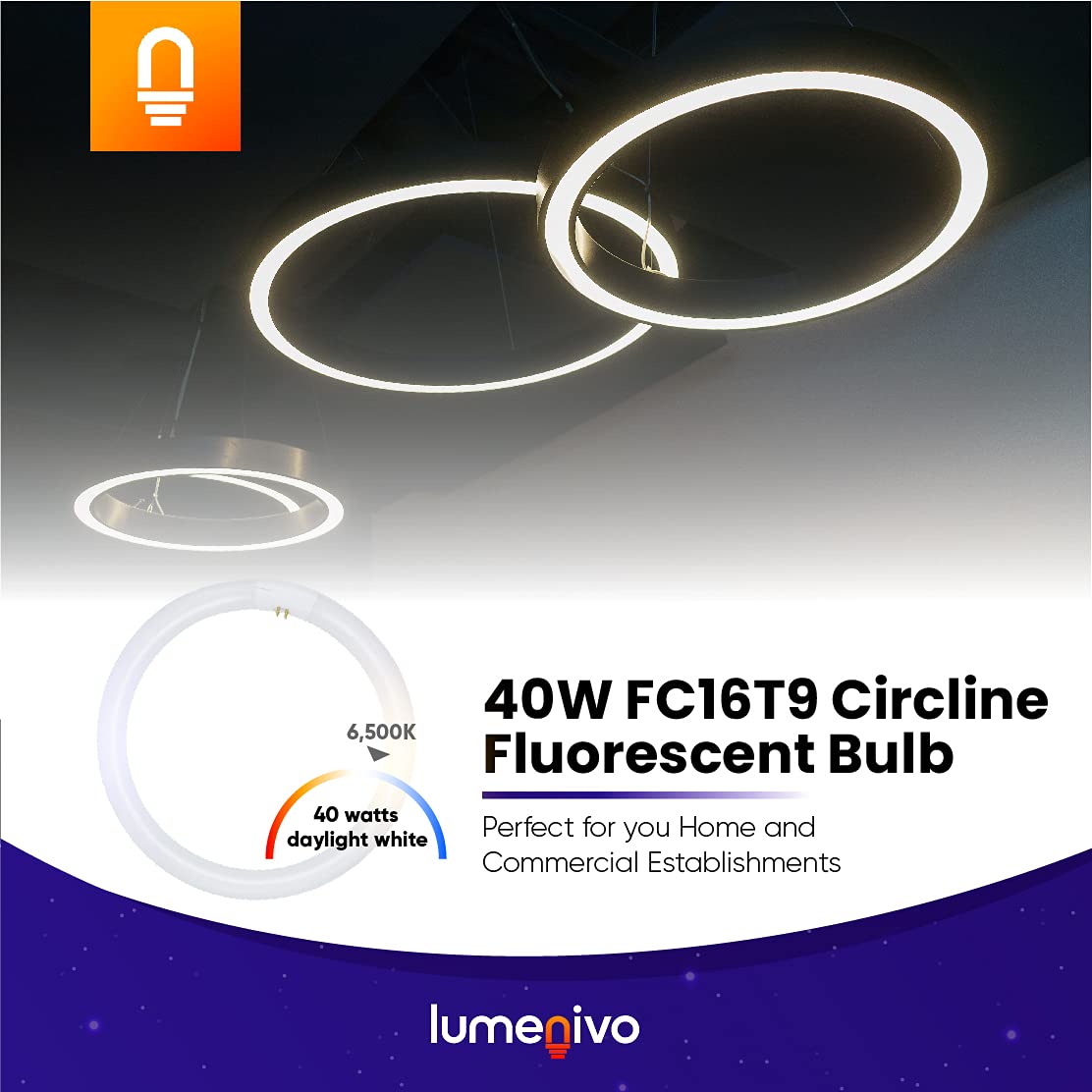 lumenivo FC16T9 40W Circline Fluorescent Bulb Replacement 16 Inches - T9 Bulb with 4-Pin Base (G10Q-4) – 6500K Daylight - 1 Pack