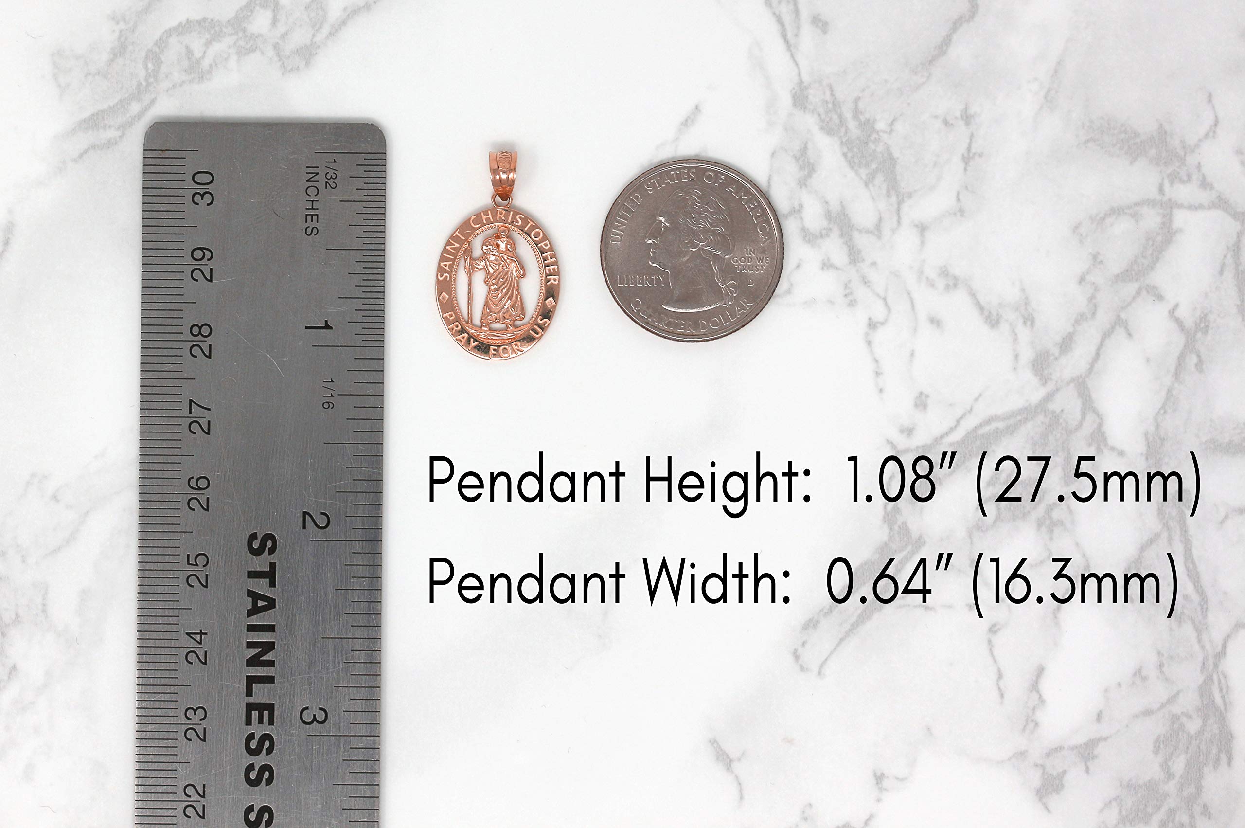 CaliRoseJewelry 14k Saint Christopher Pray for Us Oval Charm Pendant Necklace in Rose Gold, 18"