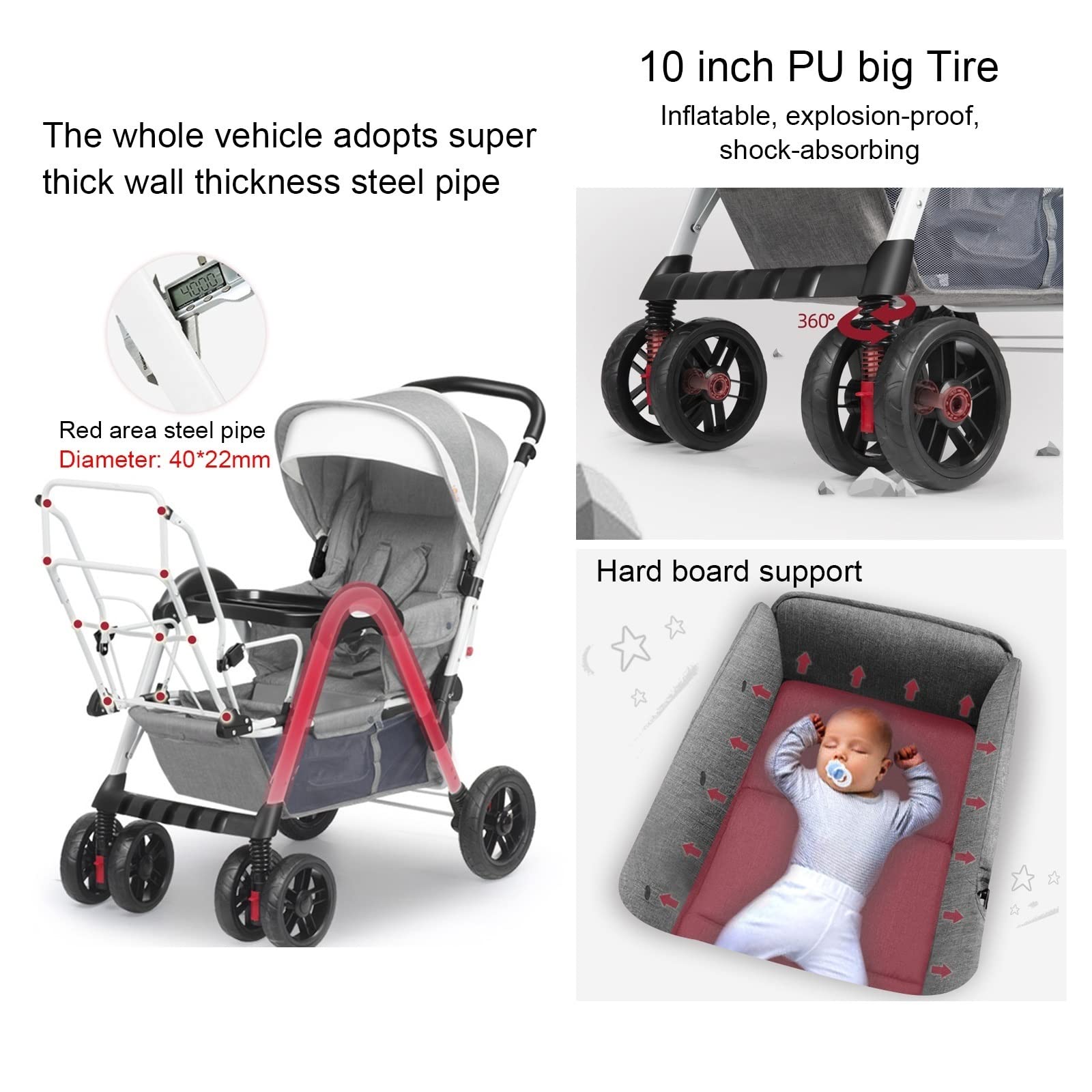 Double Infant Stroller,Baby Stroller Twins-Cozy Compact Twin Stroller,Twin Baby Pram Stroller,Oversized Canopy, Double Seat Tandem Stroller with Tandem Seating,Easy Foldable (Color : Pink)