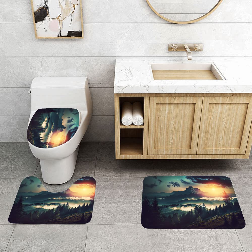 Chieraf Mountain Forest Tree Sunset Rugs Mats Sets Toilet Cover Cushion 3 Piece, Kitchen Sink Mat Machine Washable Non-Slip Soft Indoor Bath Mat