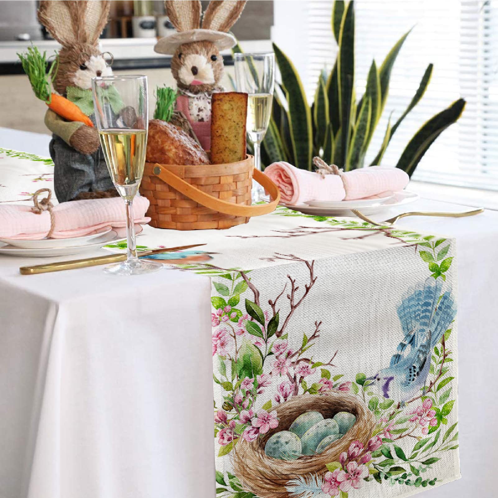 PROCIDA Floral Bird Spring Easter Table Runner, Summer Green Leaf Burlap Table Runner Farmhouse Seasonal Holiday Kitchen Dinning Table Decoration for Indoor Outdoor Home Party 13x72 Inch