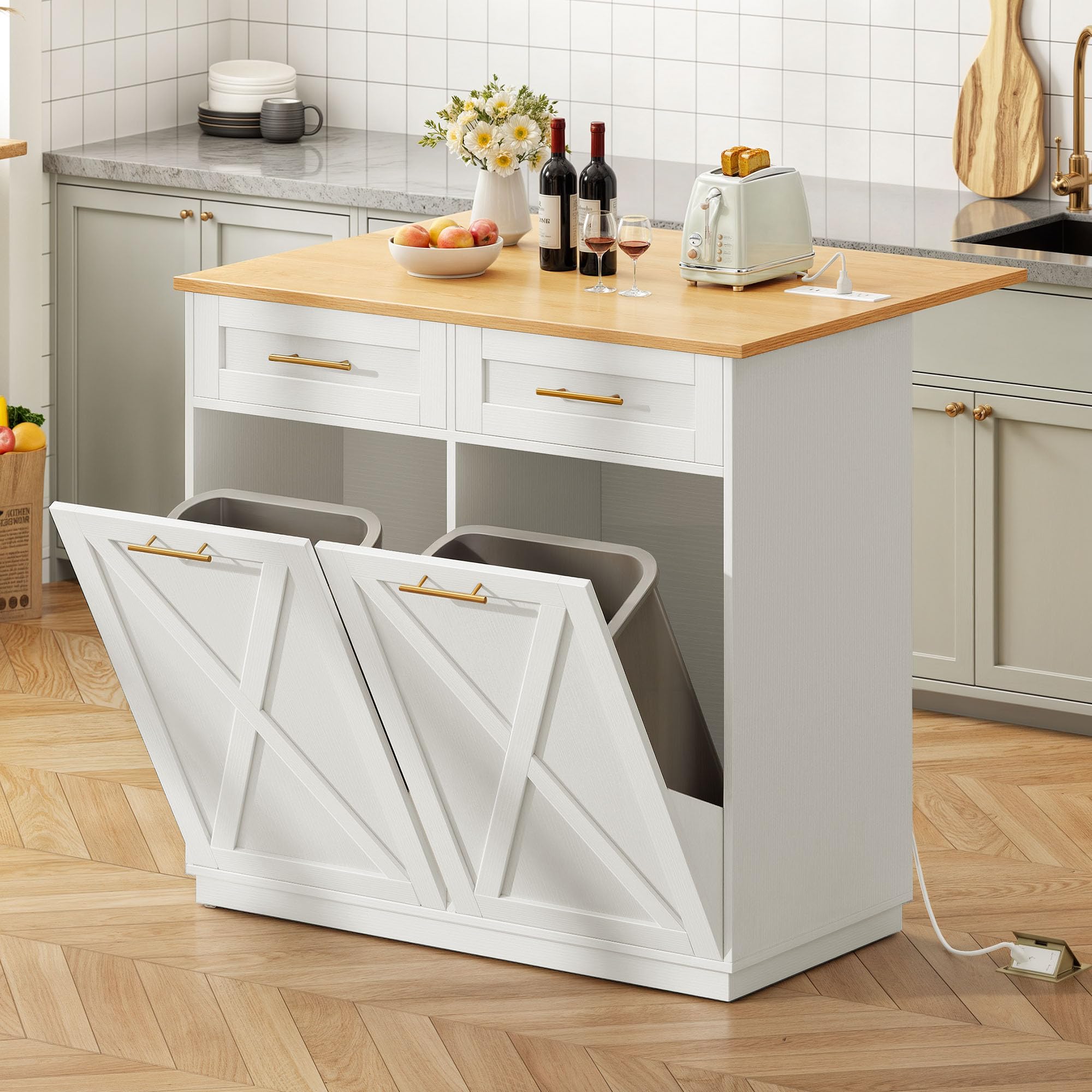 DWVO Kitchen Island with Double Tilt Out Trash Can Storage Cabinet & Drop Leaf, Rolling Portable Islands Table with Power Outlet Wheel Drawer Hidden 10 Gallon Garbage Bin Storage, White Oak