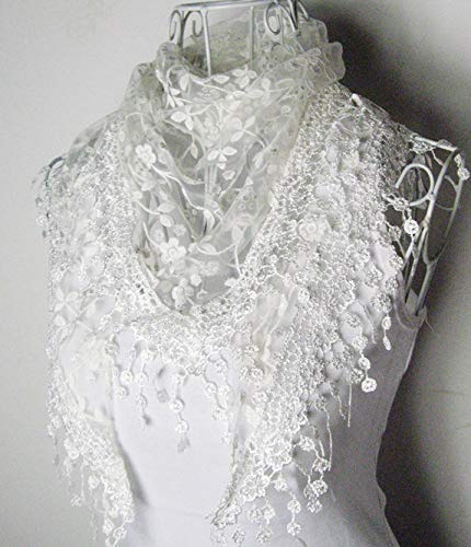 Cotchear Lace Scarf Floral Crochet Lightweight Tassel Sheer Wrap Scarves Shawl (White)