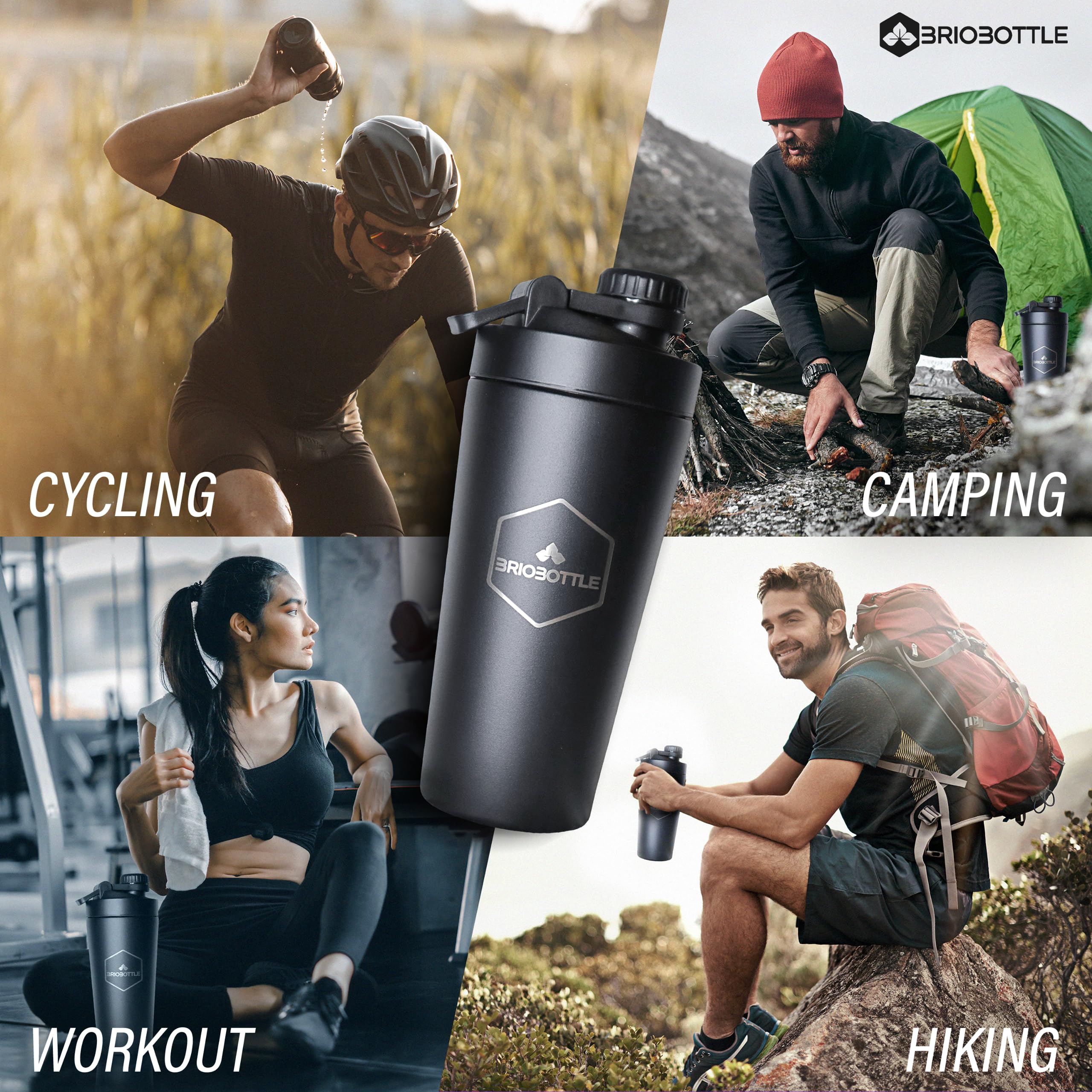 BrioBottle ™ Stainless Steel Shaker Bottle - 24oz Insulated Protein Metal Cup - Reusable Odor Resistant Smoothie Shaker Bottle - Black Water Bottle