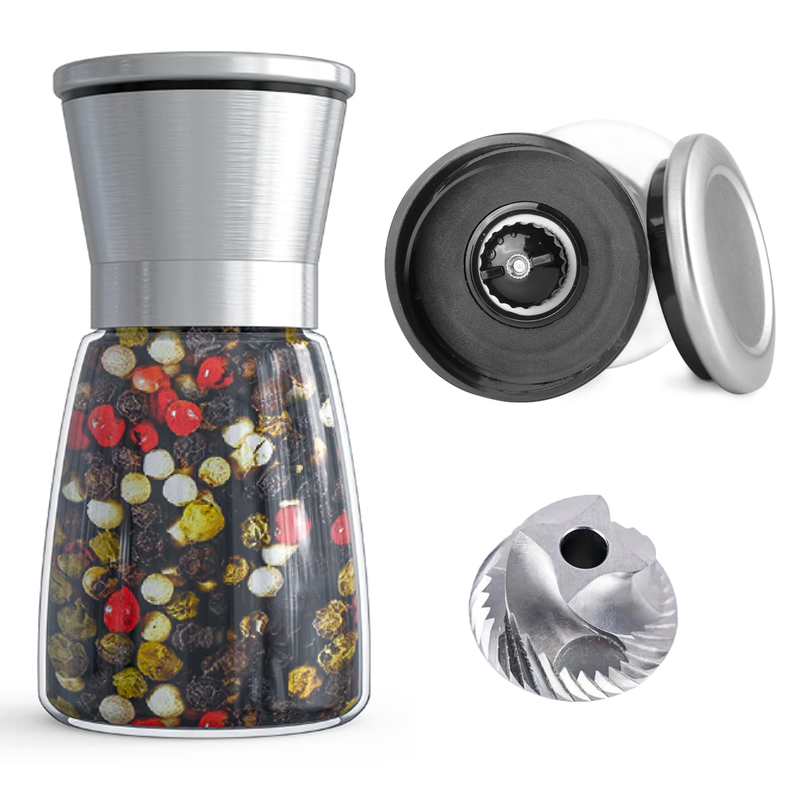Ebaco Professional Pepper Grinder - with Germany Hardened Carbon Steel Mechanism Rotor, Refillable Pepper Mill 6OZ Glass Adjust Coarseness (1PCS-Sliver-304)