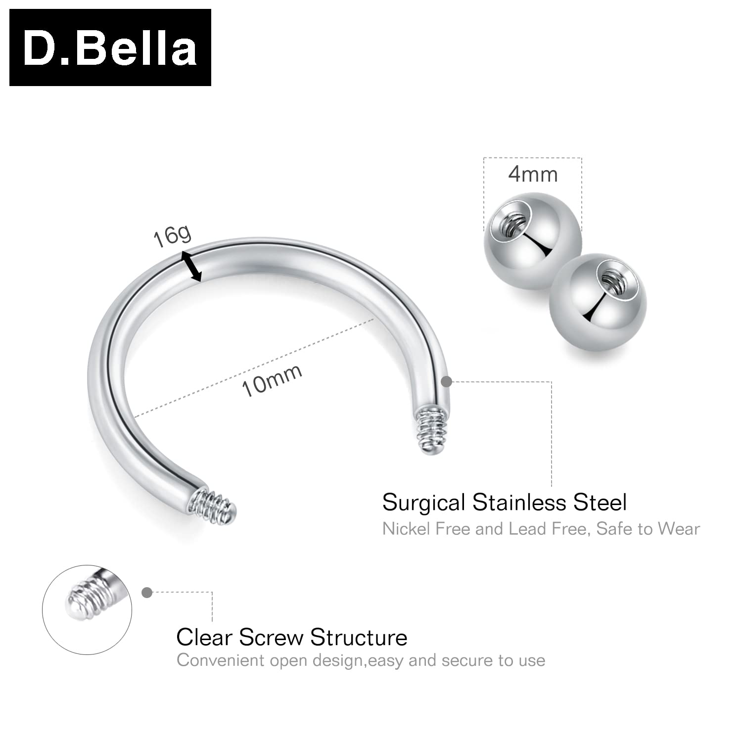 D.Bella 16G 10mm Surgical Steel Nose Septum Horseshoe Hoop Eyebrow Lip Navel Belly Nipple Piercing Ring 10mm Helix Tragus Daith Rook Earrings Replacement Spikes