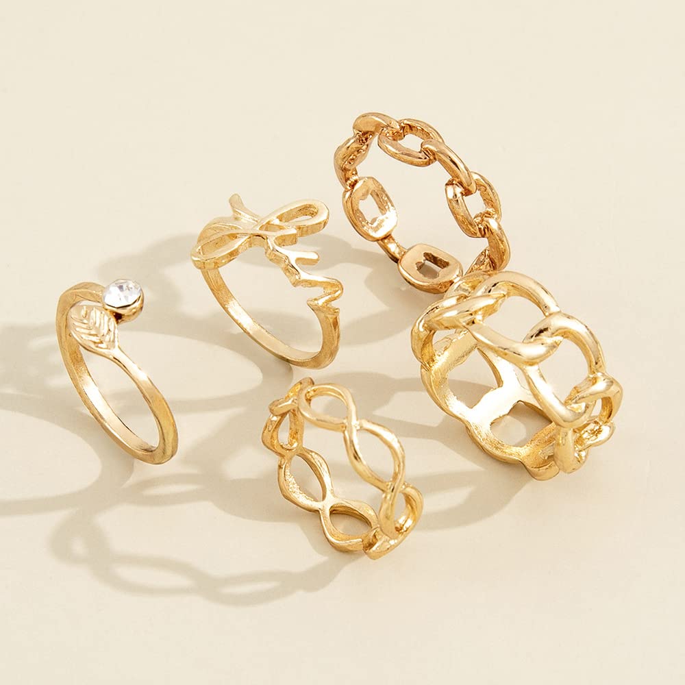 Chmier 5 Pcs Punk Gold Knuckle Rings Set Cuban Link Chain Band Rings Leaf Stackable Rings for Women and Men