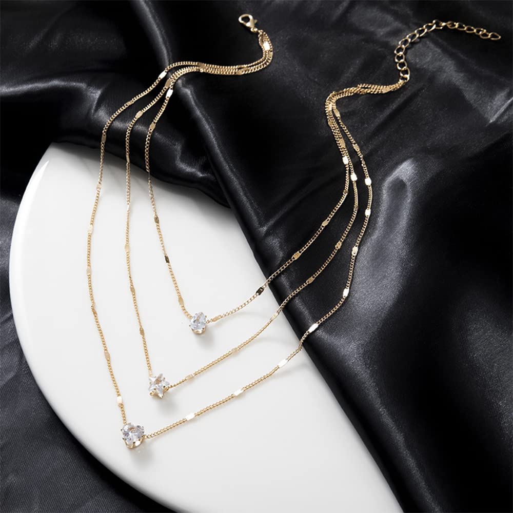 Chmier Boho Layered Crystal Necklace for Women Adjustable Delicate Star Choker Necklace Heart Water Droplets Pendant