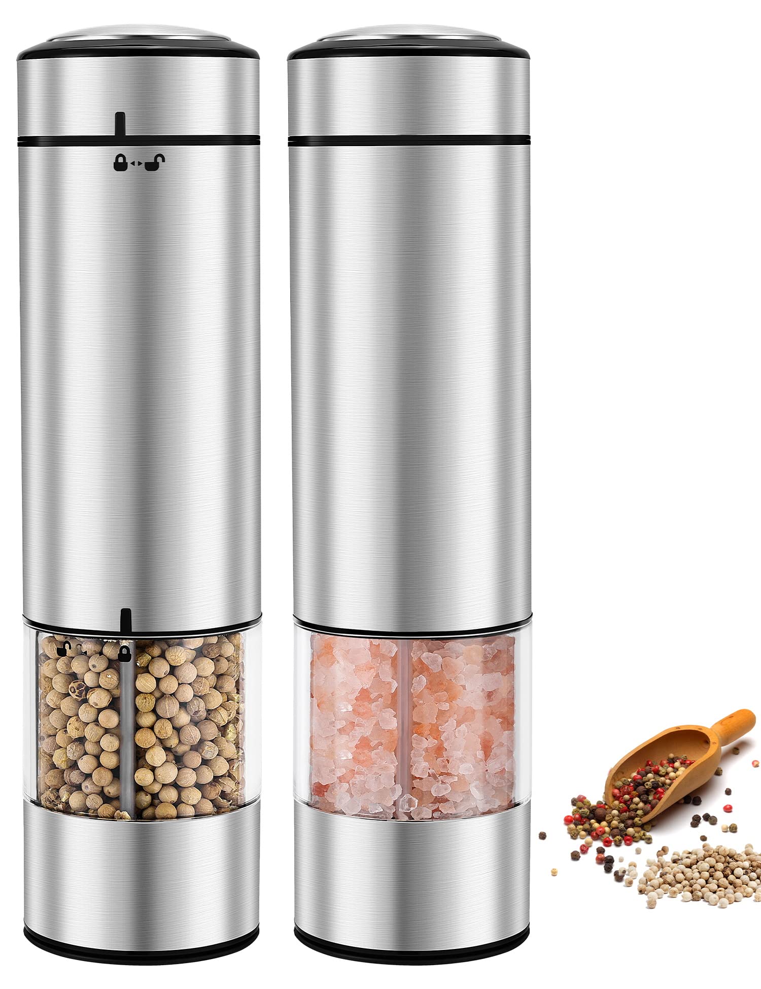 Electric Salt and Pepper Grinder Set Battery Operated, Automatic Refillable Stainless Steel Salt Grinder, 70ml Pepper Container, One Hand Operation, LED Light, Adjustable Coarseness, 2 Pack