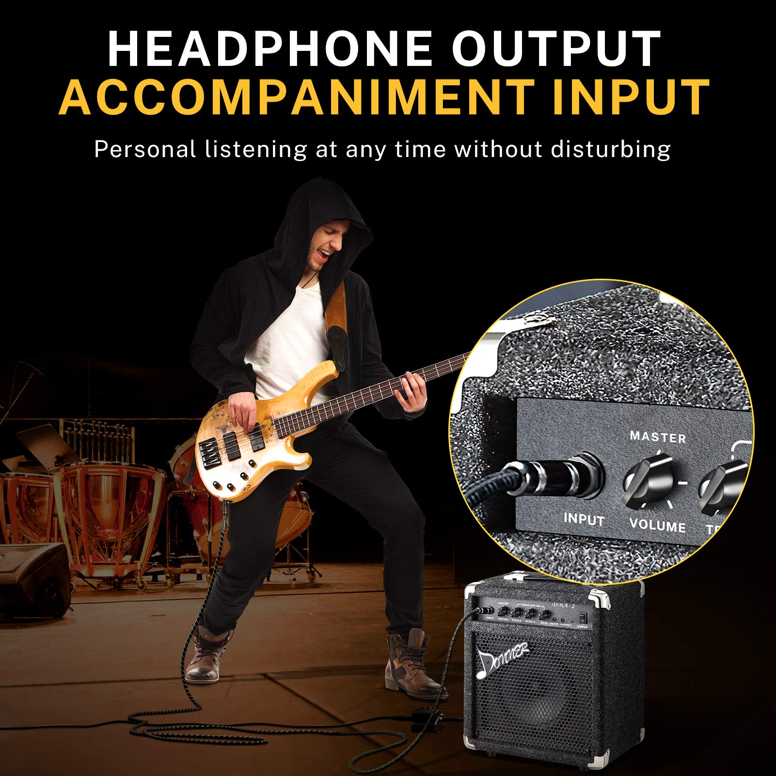 Donner Full-Size Electric Bass Guitar JB-Style with Bass Amp 25W Bass Guitar Amplifier DBA-2