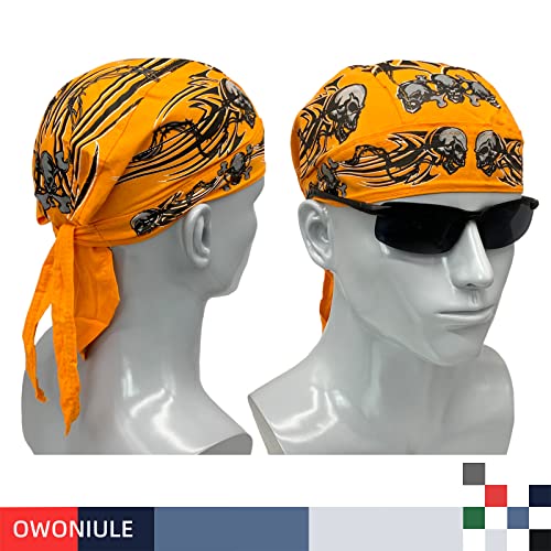 Cotton Doo Rag Skull Cap Sweat Wicking Head Wraps Pirate Hat Breathable Helmet Liner Flame Beanie Dew Rags for Men and Women (Skull and Flame)
