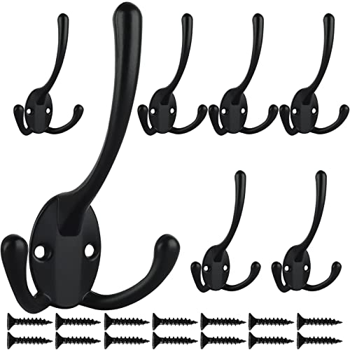 IBosins 7 Pack Big Heavy Duty Three Prongs Coat Hooks Wall Mounted with 14 Screws Retro Double Utility Rustic Hooks for Thick Coat, Big Heavy Bag