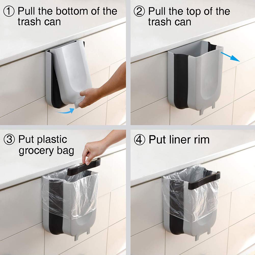 LINKINTEREST Hanging Trash Can,Silicone Folding Waste Bins Kitchen Foldable Trash Can Collapsible Small Garbage Can Compact Portable Waste Bin for Home Kitchen Room Cabinet Door Drawer - 6L