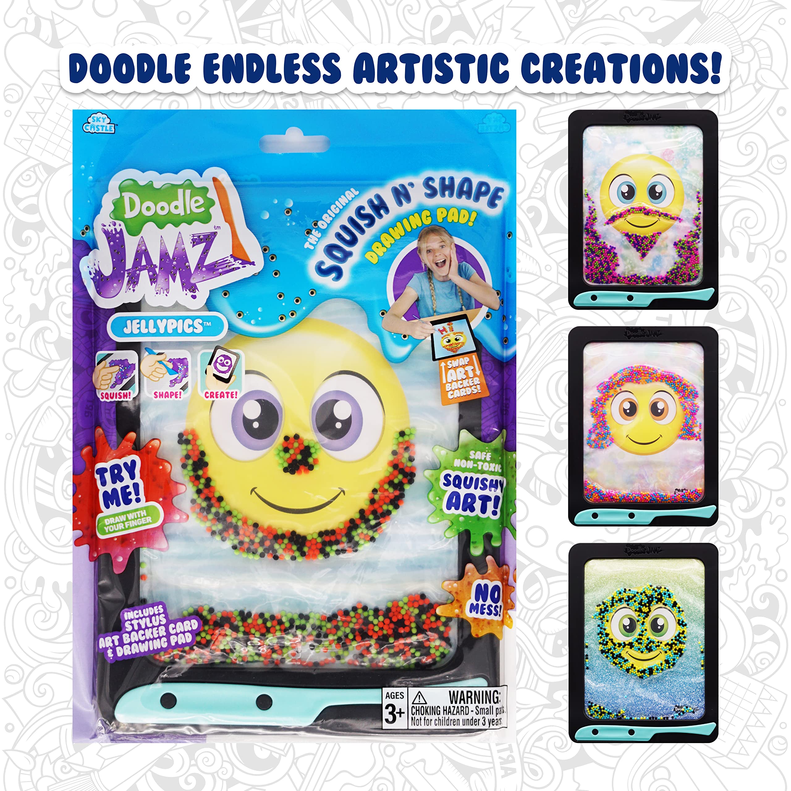 DoodleJamz JellyPics - Sensory Drawing Pads Filled with Non-Toxic Squishy Beads and Gel β Includes Stylus, Removable 2-Sided Emoji Backer Card (Green, Red, Black Beads)