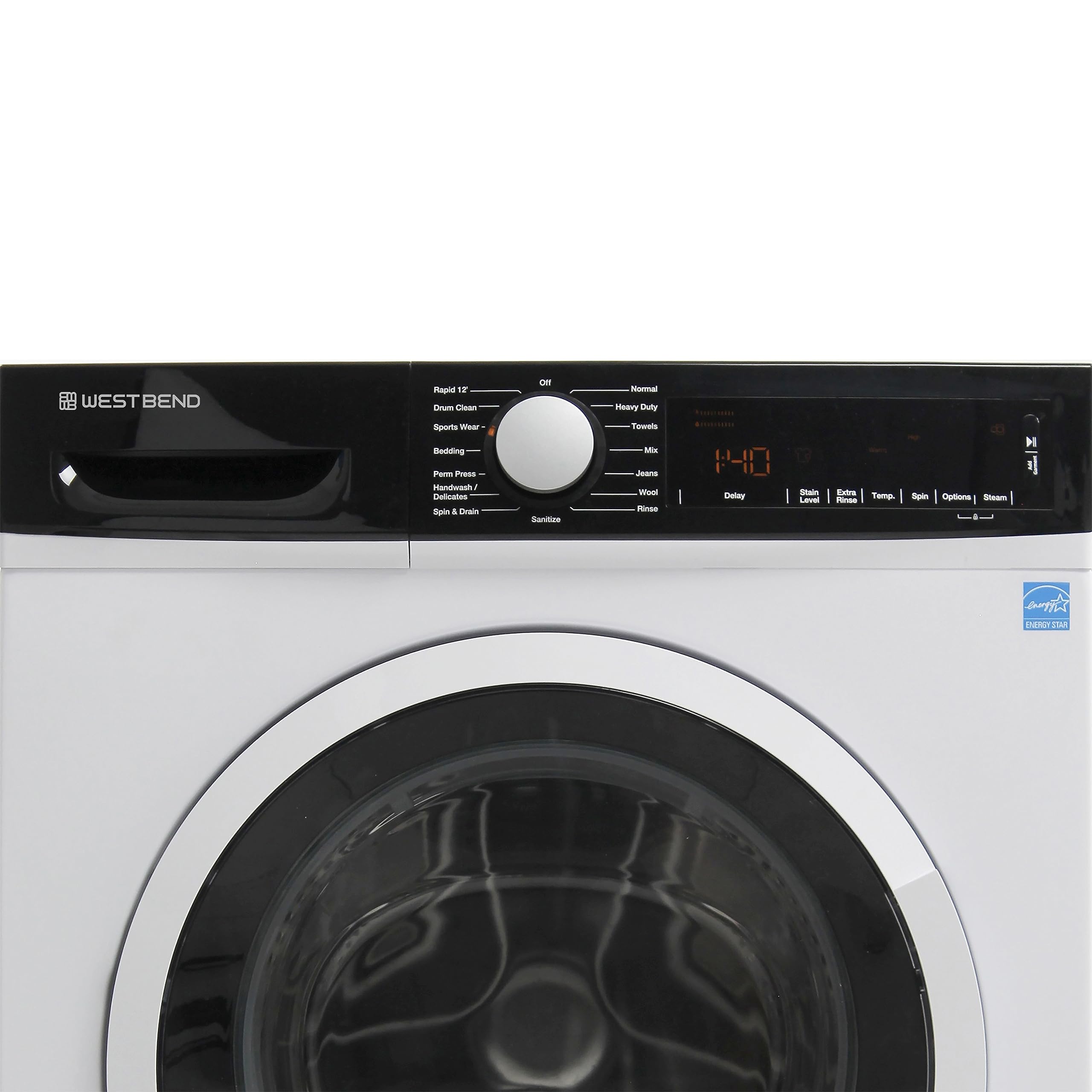 West Bend WB220FLWVW Front Load Washing Machine, Compact Washer, Stackable Option, 15 Automatic Cycles, Adjustable Water Temperatures, LED Display, and See-Through Door, 2.2 cu.ft, White