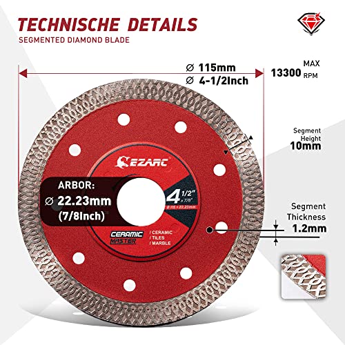 EZARC 4-1/2 inch Super Thin Diamond Blade, Diamond Saw Blades for Angle Grinder, 4.5" Tile Blade for Smooth Cutting Porcelain Ceramic Granite Marble Tile (2-Pack)