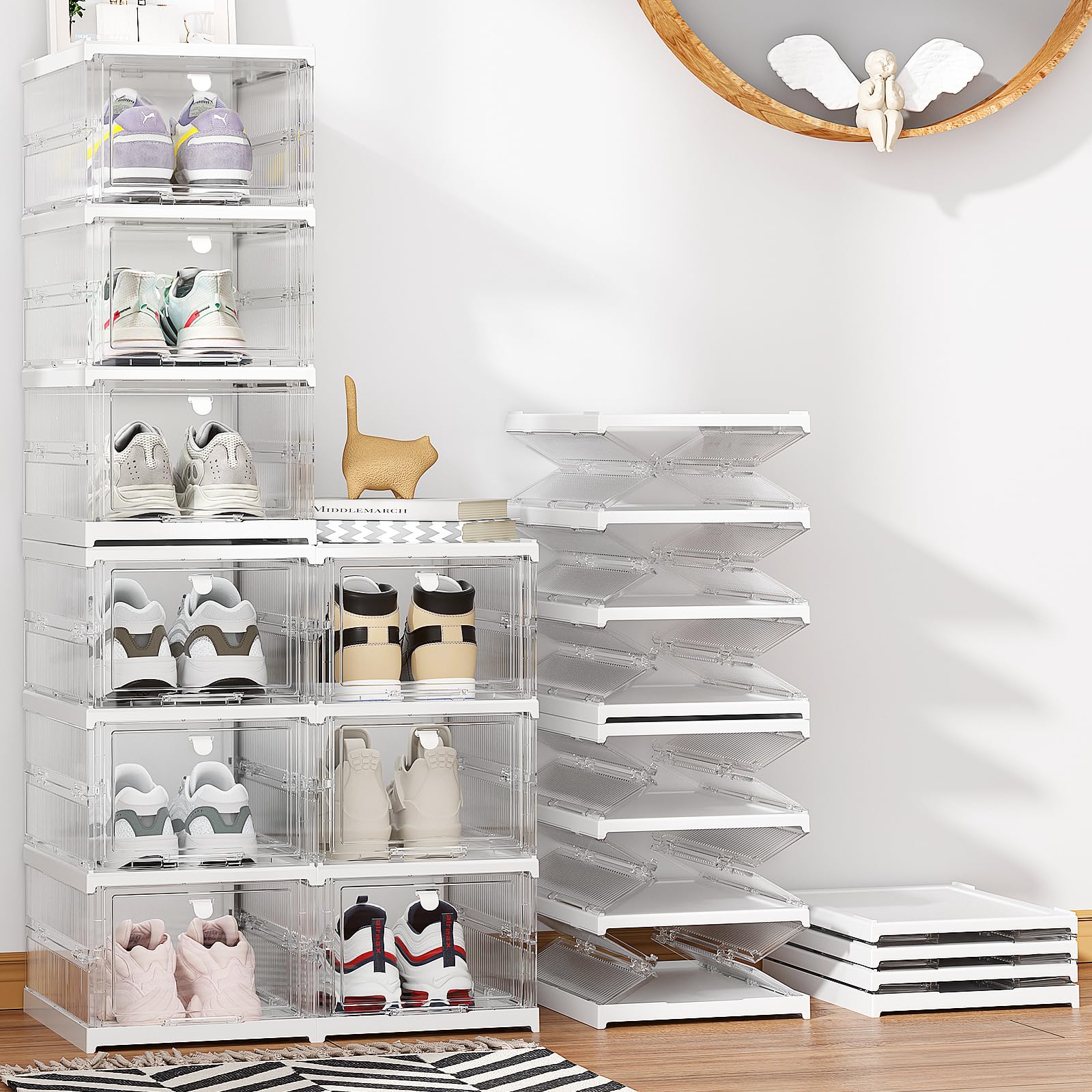 HAIXIN HOME Shoe Organizer Storage Box, XXL Portable Foldable Shoe Rack Organizer for Closet with Clear Door, Large Stackable Sneaker Cabinet Bins Sturdy Easy Assembly 3 Layers-9 Pack