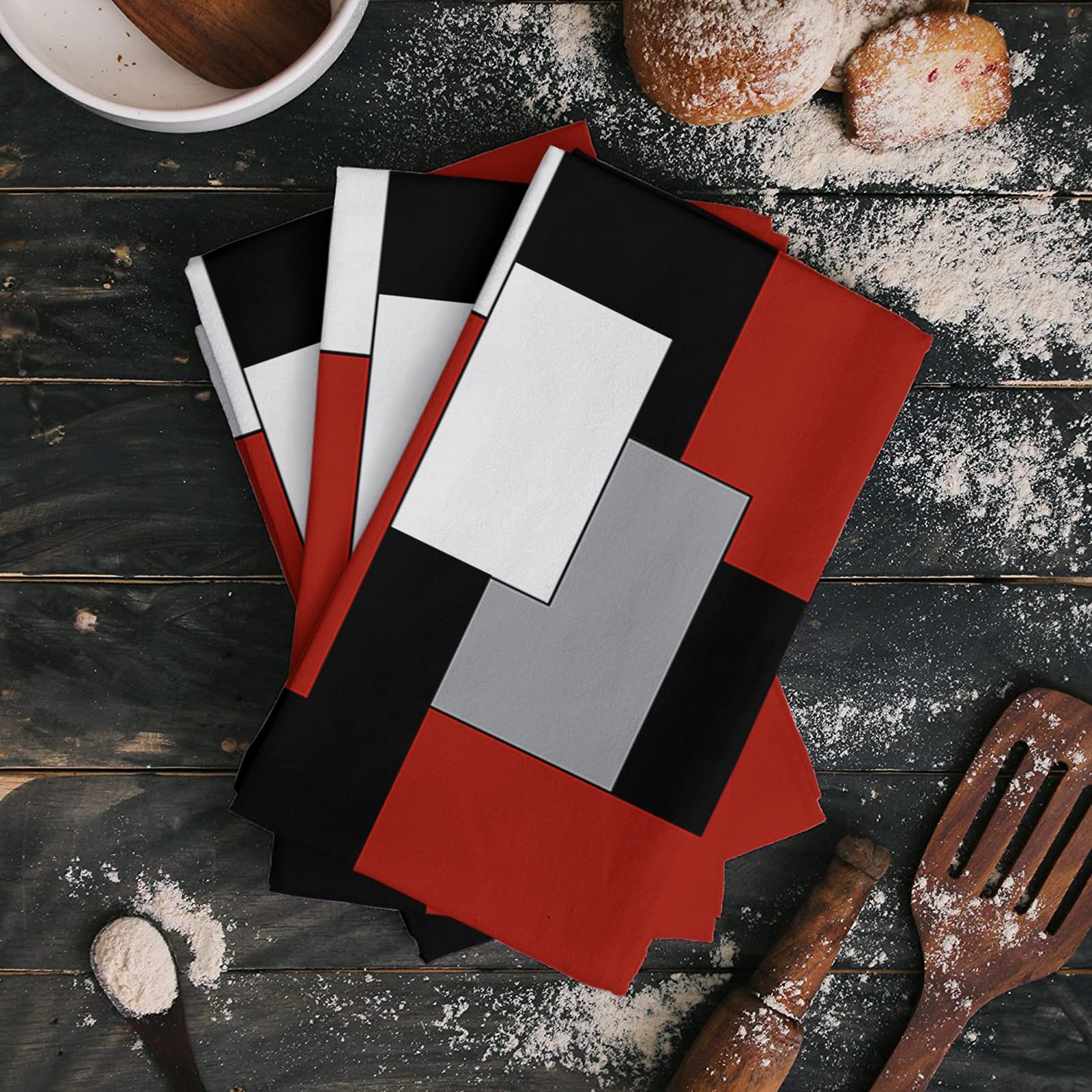 Cotton Kitchen Towels Super Soft Absorbent Kitchen Dish Towels for Drying Dishes/Hand/Tea/Bar Towels White Grey Black Red Abstract Irregular Geometric Cleaning Kitchen Towels 2 Pack, 18x28 Inch