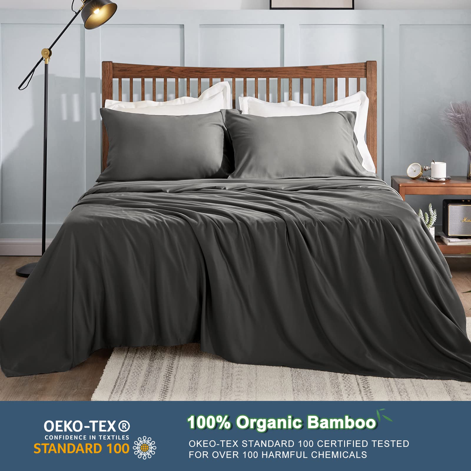 CozyLux Cooling Sheets Queen Size, Rayon derived from Bamboo, Oeko-TEX Certified Luxuriously Soft & Cooling Silky Sheet Set - 16" Deep Pockets 4 Piece Bedding Sheets & Pillowcases,Dark Grey