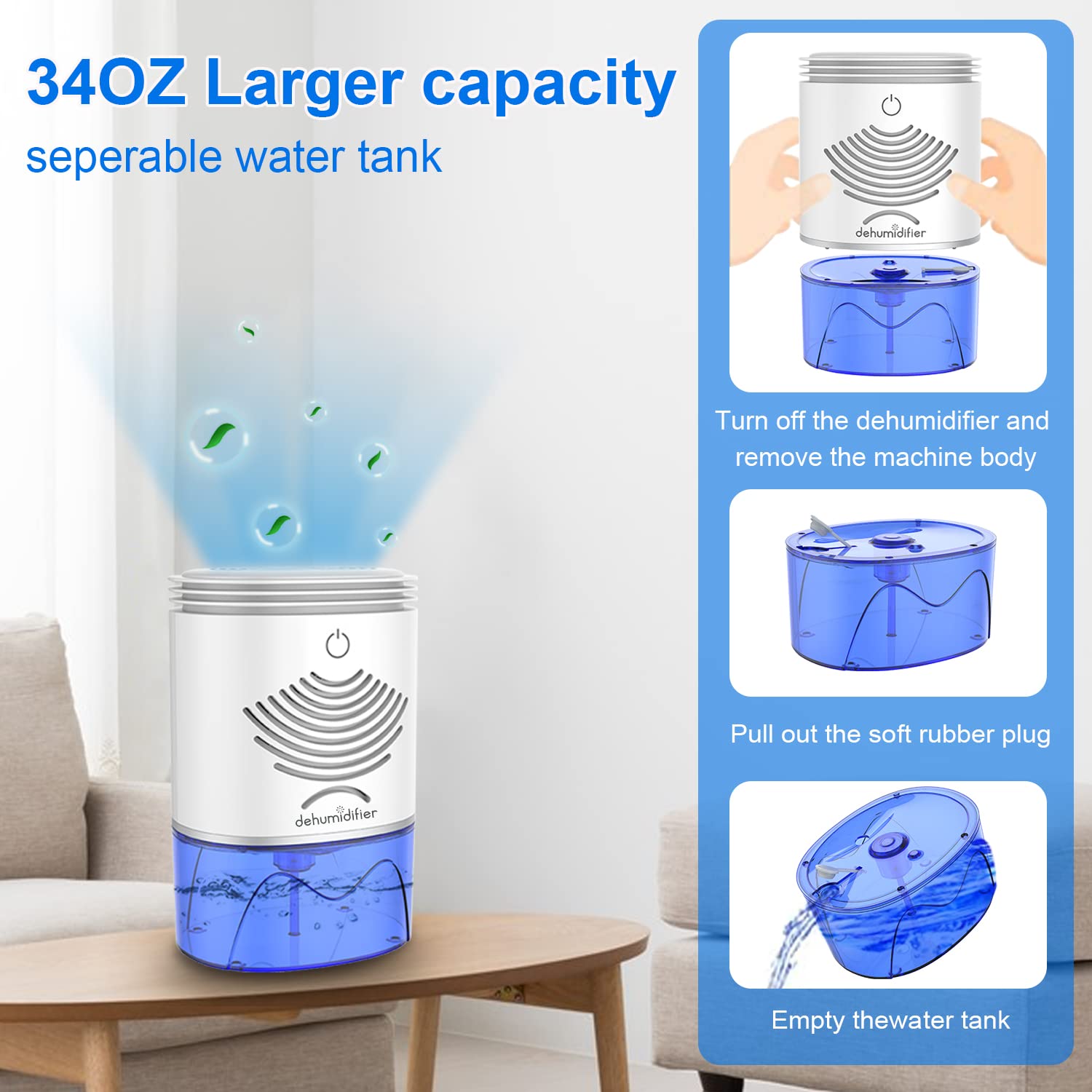 Dehumidifiers Small for Home Bedroom 34oz (1000ML) Mini Dehumidifier for Bathroom, RV, Closet, Office, Kitchen, Laundry, with Auto-off, Ultra-Quiet, Lights Energy Saving