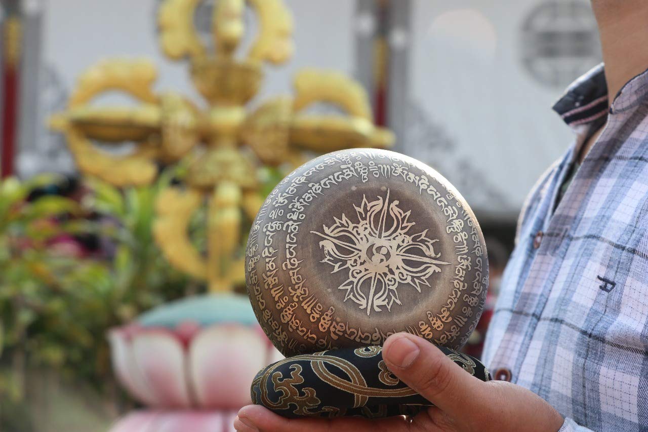 Tibetan Singing Bowl Set 4" ~ Bronze Mantra Design ~ With Carry Case, Dual Surface Mallet, Silk Cushion, and FREE Meditation e-book ~ Promotes Peace, Chakra Healing, and Mindfulness