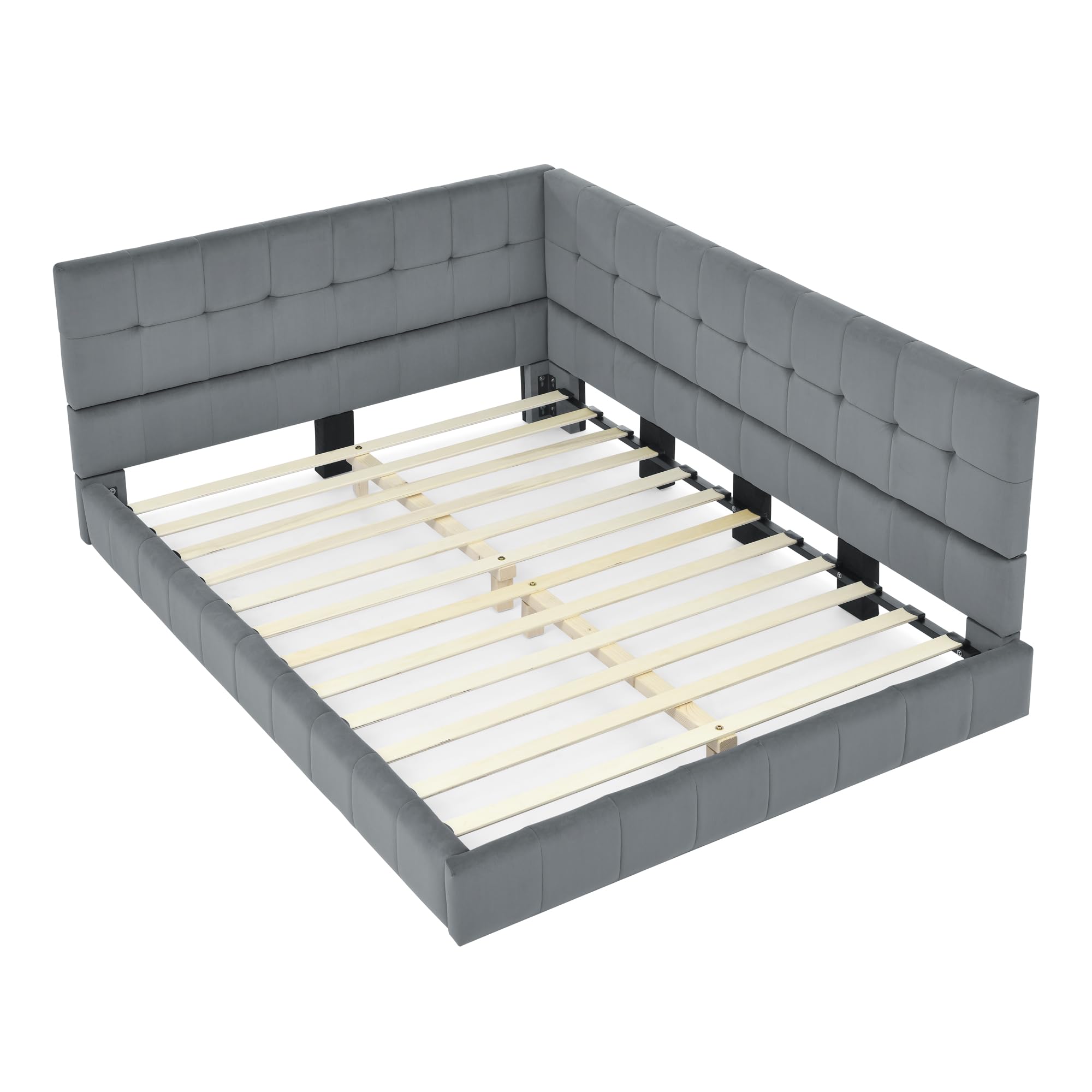 DEINPPA Full L-Shape Corner Bed Frame, Velvet Upholstered Tufted Daybed with Slat, Floor Platform Bed with Soft Headboard for Bedroom Nook, No Box Spring Needed-Black