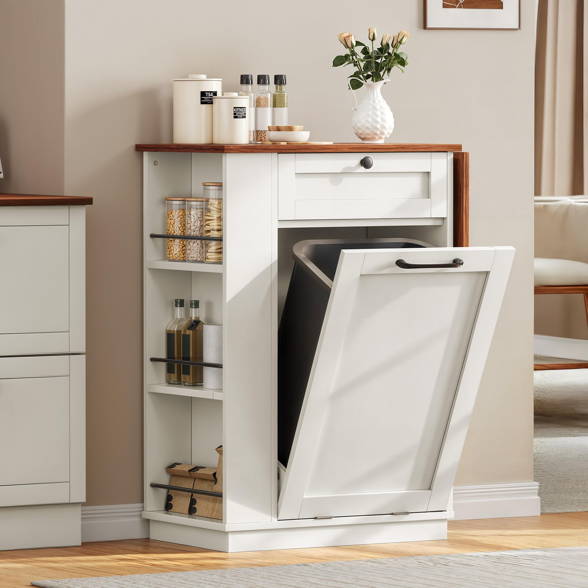 DWVO Trash Can Cabinet with Storage Cabinet & Drop Leaf, Tilt Out Trash Cabinet Hidden Garbage Bin Cabinet Freestanding Wooden Trash Bin Cabinet w/Drawer, Off White