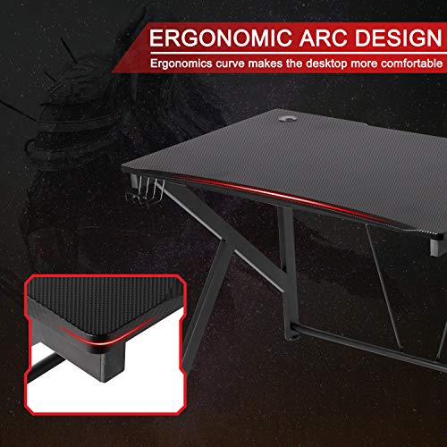 LYNSLIM Ergonomic Gaming Desk – 42” K Shaped Computer Table for Home Office Gamer Workstation with 2 Headphone Hooks and Cable Management (Black)