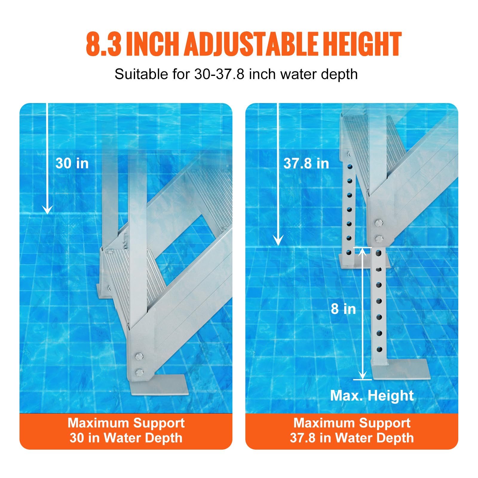 VEVOR Dock Ladder with Rubber Mat, Dock Steps 30"-39" Adjustable Height, Dock Stairs Aluminum 4 Step, Each Step 22" x 4", 500Lbs Load, for Lake, Marine Boarding, Pool